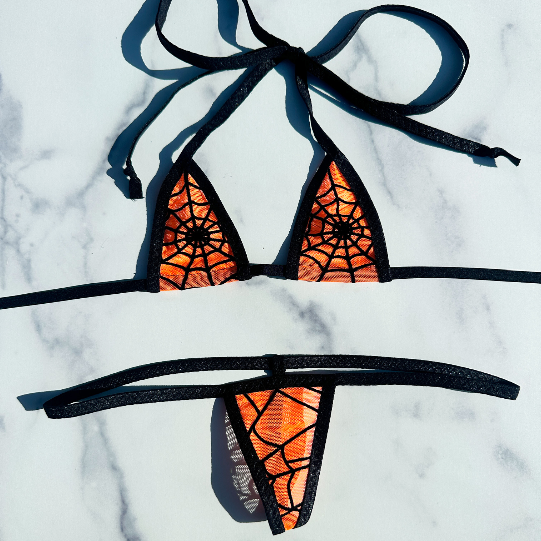 Orange Mesh with Black Spider web - Black - Micro G-string Set Complet