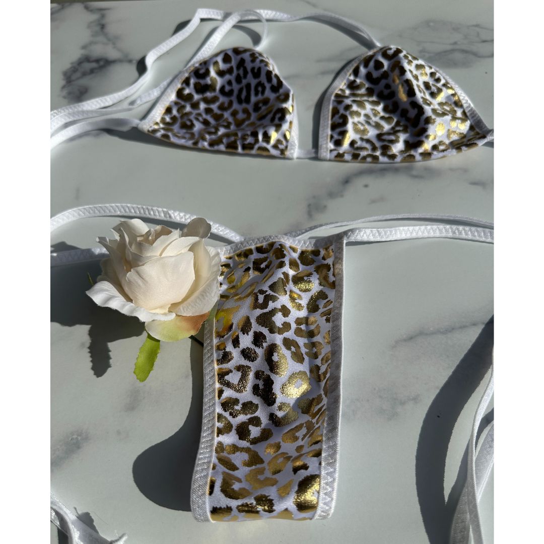 Gold Leopard with White Tie Side Thong Micro Bikinis